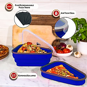 PIZZA PACK The Perfect Reusable Pizza Storage Container with 5 Microwavable Serving Trays - BPA-Free Adjustable Pizza Slice Container to Organize & Save Space, Blue 2pk
