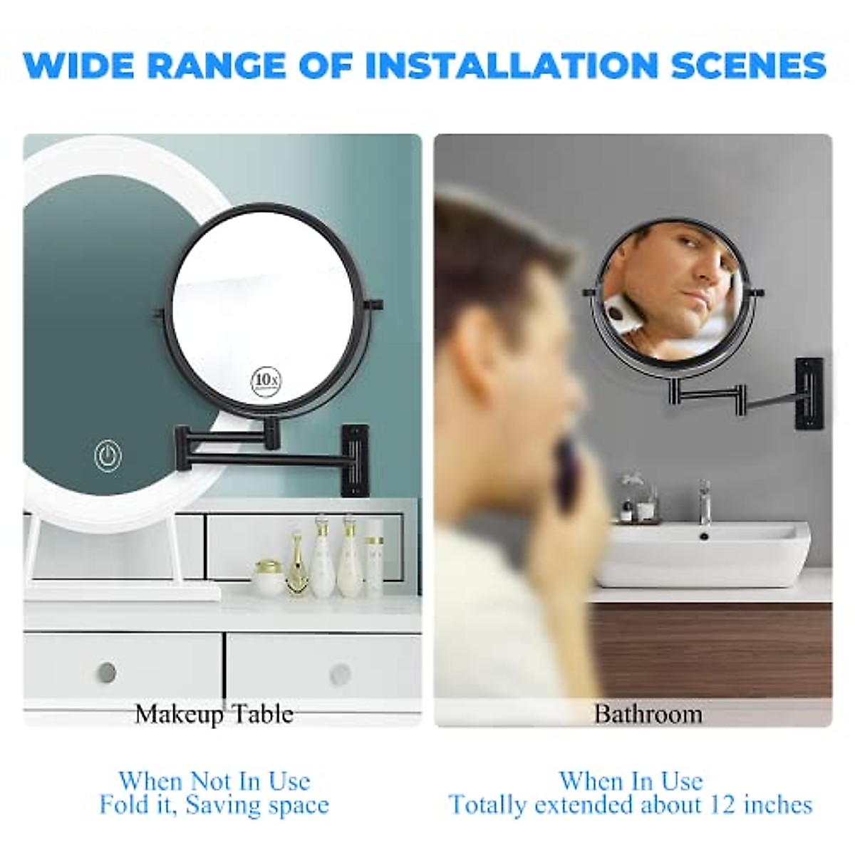 mumianshu Wall Mounted Makeup Mirror, 1x/ 10x Magnifying Makeup Mirror, 8" Double Sided Make up Mirror with 360 Degree Swivel Extendable Arm, Home Bathroom Shaving Vanity Mirror (Black)