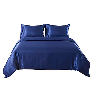 Opulence Bedding Silk Satin Duvet Cover Set Navy Blue California King 3 Piece (Duvet Cover + 2 Pillowcases) Comforter Cover California King Size Zipper Closure