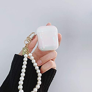 Ownest Compatible for AirPods Case with Pearl Keychain Bling Rainbow Glitter Cute Girls Boys Woman Case Hard PC Cover Case for Airpods 2 &1,Cute for Airpods-White