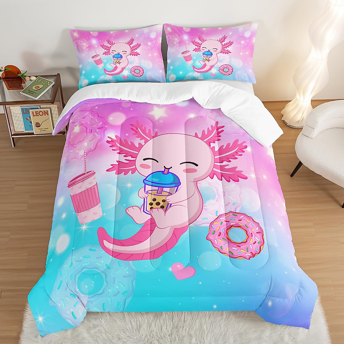 HOSIMA Axolotl Twin Comforter Set Cute Animal Bedding Room Decor for Teen Girls Dessert Milk Tea Donut Bed Princess Toddler Bedding Set Fantasy Blue Purple Twin Bed in a Bag Sets for Adults Teens.