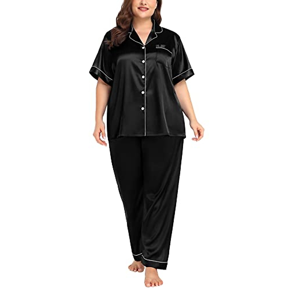 SWOMOG Women's Plus Size Pajamas Silk Satin Pajama Set Short Sleeve Shirt with Full-Length Pants Pj Set Soft Sleepwear 22W Black