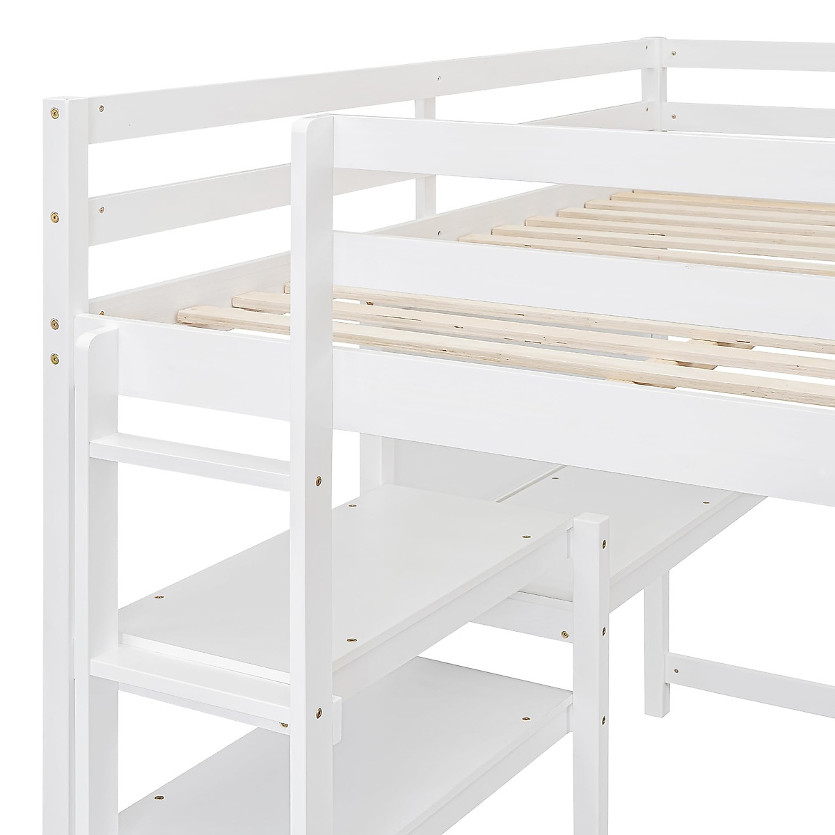 Full Size Loft Bed with Desk and Storage,Wood loft beds,for Girls Boys Teens Adults,No Box Spring Needed（White）