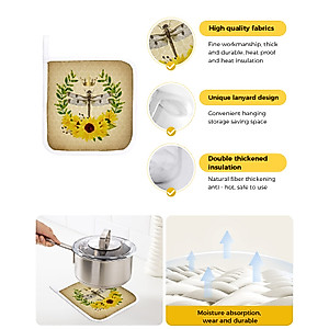 Pot Holder Set of 2 Dragonfly and Crown Sunflower Wreath Potholder Heat Proof Non-Slip Pot Holders,Yellow Honeycomb Hot Pads Potholders for Kitchen Cooking Baking BBQ