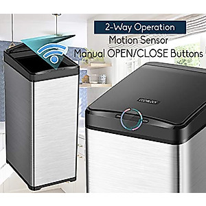 CozyBlock Automatic Trash Can for Kitchen, Stainless Steel Touchless Motion Sensor Bin, Wide Opening Soft Close Lid, LED Countdown Timer (13 Gallon- Slim Design)
