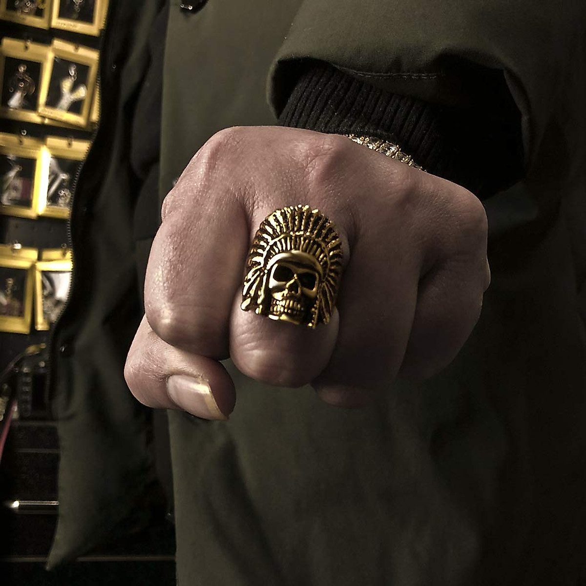 Moca Jewelry Cool Feather Dayak Indian Headdress Punk Skull 18K Gold Plated Hip Hop Stainless Steel Ring for Men Women