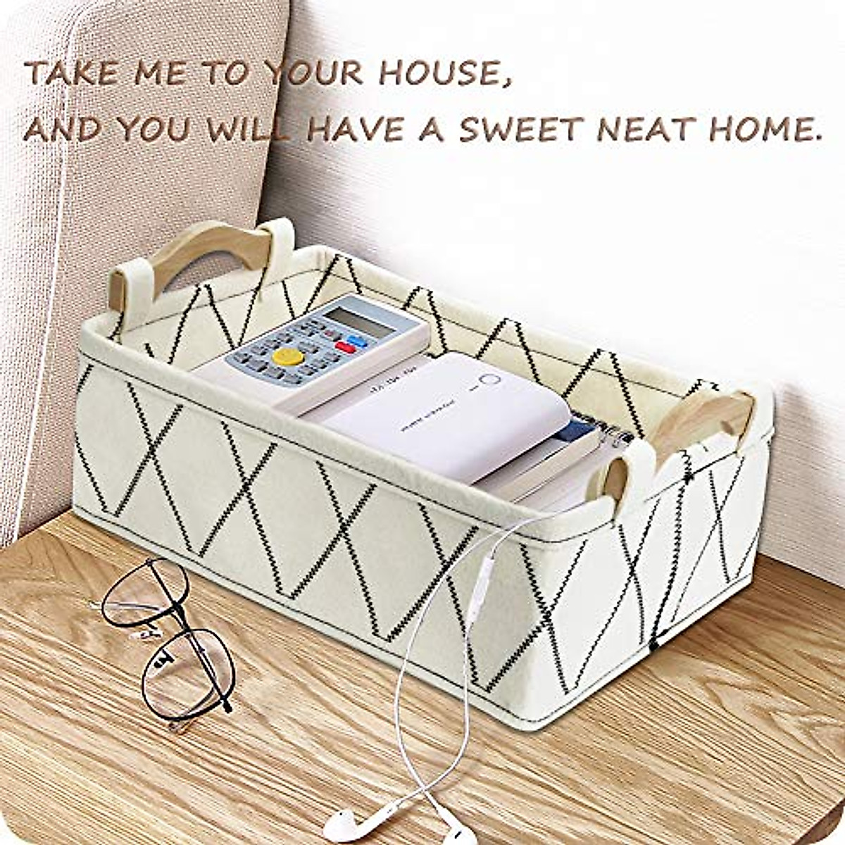 Small Storage Baskets Toy Storage Organizer Rectangle Basket Empty Gift Baskets Shelf Baskets Decorative Storage Basket with Wooden Handles for Keys Makeups Remotes Books