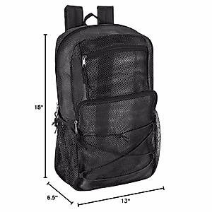 Deluxe Mesh Backpack with Bungee Cord & Adjustable Padded Straps, for Swimming, School, Travel (Black)