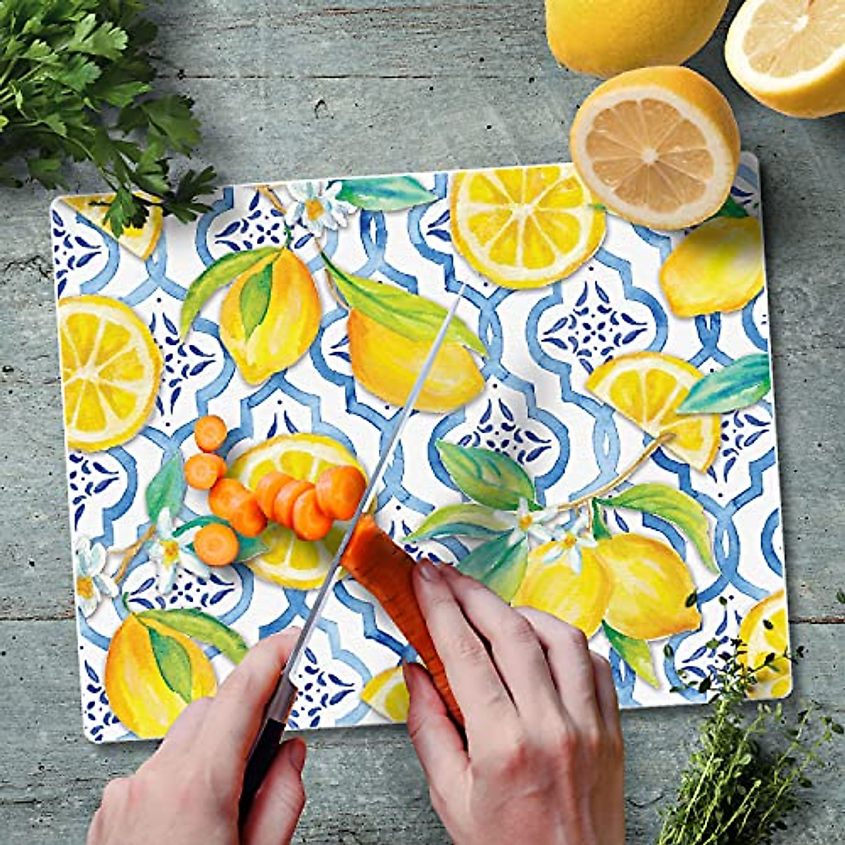 CounterArt Lovely Lemons Decorative 3mm Heat Tolerant Tempered Glass Cutting Board 10” x 8” Manufactured in the USA Dishwasher Safe