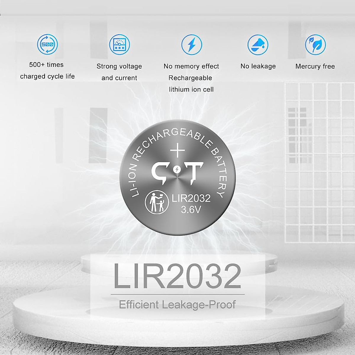 CT-ENERGY Rechargeable LIR2032 Batteries 3.6V Lithium Ion Button Coin Cell Batteries 2PCS AirTag Key Fobs Watch Battery Replacing