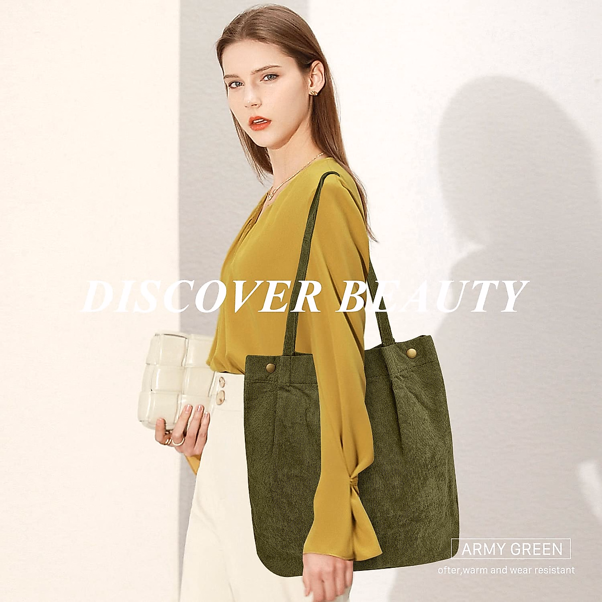 Ndeno Women Tote Bags Grocery Shoulder Bag Corduroy with Inner Pocket for Work Beach Lunch Travel Shopping Shopper Handbags (Armygreen+Merlot), Green