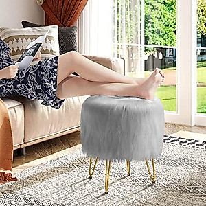 GREENSTELL Vanity Stool Chair with Storage, 15.75" W x 19.29" H Round Faux Fur Ottoman with 4 Metal Legs, Furry Padded Seat, Modern Multifunctional Makeup Stool for Bedroom Living Room Grey