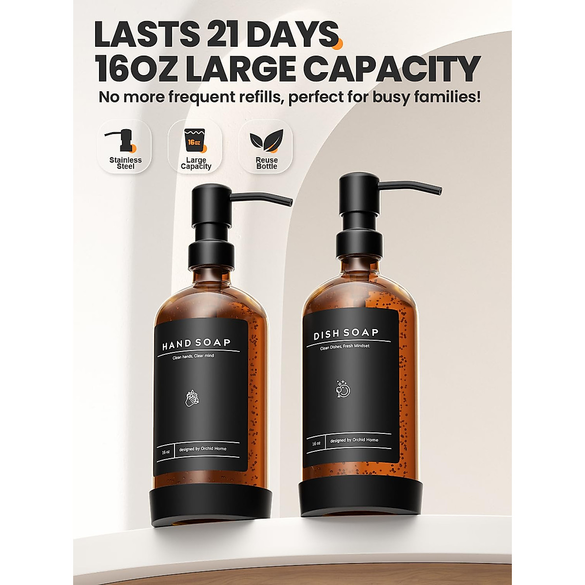 [Luxury] Kitchen Soap Dispenser Set - 16OZ Amber Glass Bottle, Stainless Steel Pump, Instant Dry Tray, Waterproof Labels, Non-Slip Silicone Pad, and Dish Brush | Upgrade for Your Kitchen and Bathroom