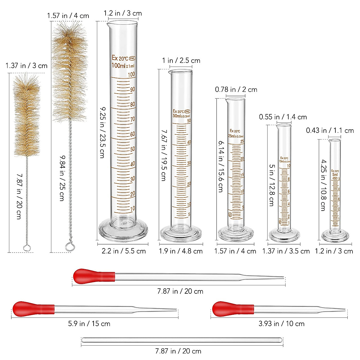 Glass Graduated Measuring Cylinders Set 5ml 10ml 25ml 100ml Thick Lab Cylinders 3 Droppers 2 1 Stirring Rod Cylinders Set