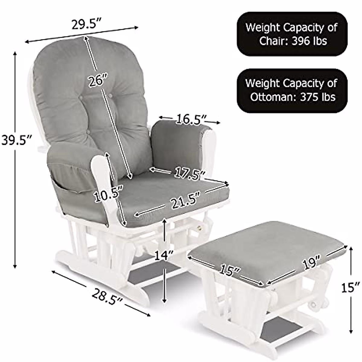 Costzon Glider and Ottoman Set, Wood Glider Rocker for Nursery, Upholstered Comfort Nursing Rocking Chair with Storage Pocket, Padded Armrests & Detachable Cushion, Easy to Assemble (Light Gray)