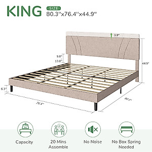 Novilla King Bed Frame and Headboard Platform Bed Frame No Box Spring Needed with Wood Slat Support, Upholstered Bed Frame King, Noise Free, Easy Assembly, Beige