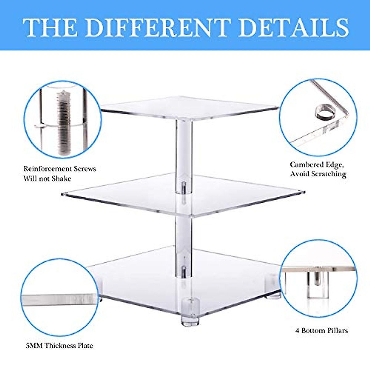 YestBuy 3 Tier Square Cupcake Stand - Premium Cupcake Holder - Acrylic Cupcake Tower Display - Cady Bar Party Décor + LED Light String - Ideal for Weddings, Birthday Parties(Blue Light)