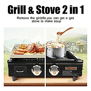 QuliMetal Portable Griddle Flat Top Grill 22 Inch Table Top Griddle 2 Burner Propane Grill with Carry Bag Outdoor Griddle Camping Griddle 24,000 BTU 348 Sq 304 Stainless Steel for Party Tailgating