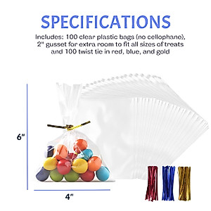 Clear Treat Bags (200 pack) - 4x6 Clear Plastic Gift Bags with 4” Twist Ties 3 Mix Colors - BPA-free Clear Candy Bags for Packaging - Thick OPP Cookie Bags for Wedding, Cakes, Pops, Gift