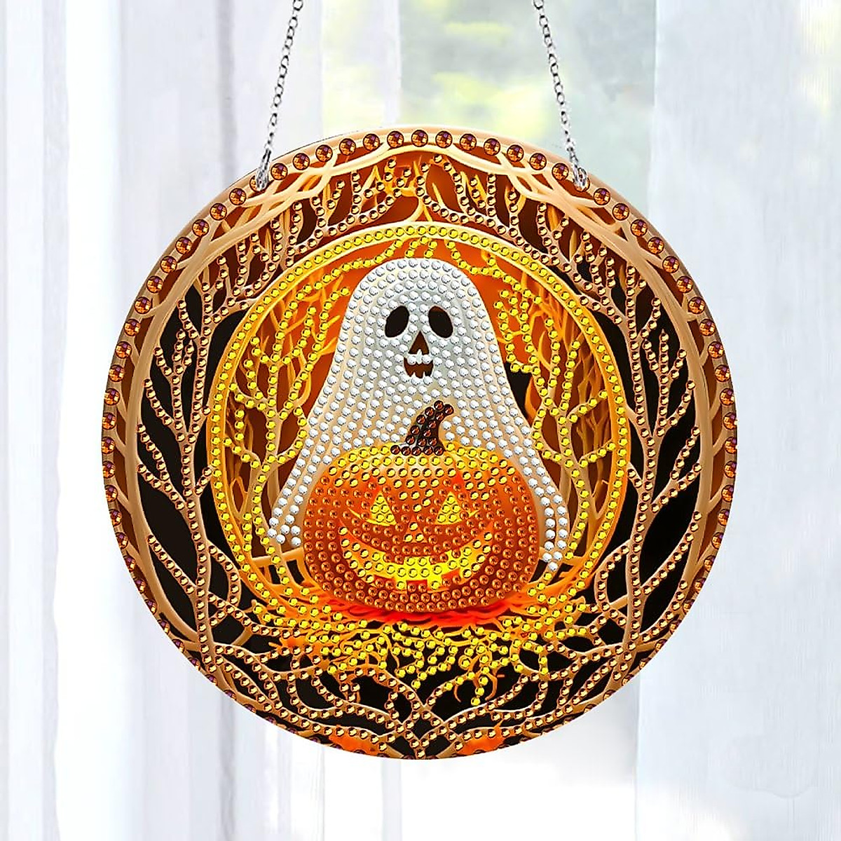 LUSandy DIY 5D Halloween Ghost Pumpkin Diamond Painting Kits Hanging Sign Wall Art Sign Pumpkin Diamond Art Suncatcher Window Hanging Ornament Window Pendants for Adults Home Garden Wall Door