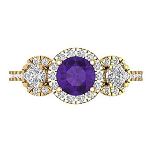 Clara Pucci 1.75ct Round Cut Halo Solitaire 3 stone Genuine Natural Amethyst Engagement Promise Anniversary Bridal Ring 18K Yellow Gold 6