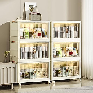 pupustar Storage Bins with Lids and Doors, Plastic Stackable Storage Bins Open Front, Foldable Storage Boxes for Organizing, Collapsible Storage Bins with Wheels, Opening Storage Boxes Set