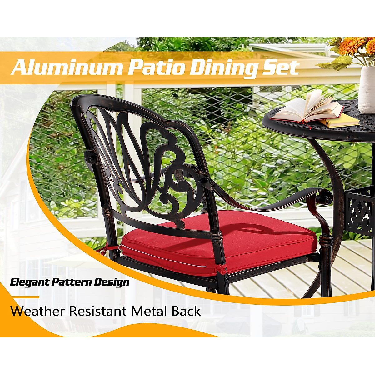 TITIMO 3 Piece Cast Aluminum Patio Dining Set,Outdoor Furniture Bistro Set, All-Weather Cast Aluminum Conversation Set Includes Table and Chairs w/Cushions and Umbrella Hole for Patio Garden (Red)