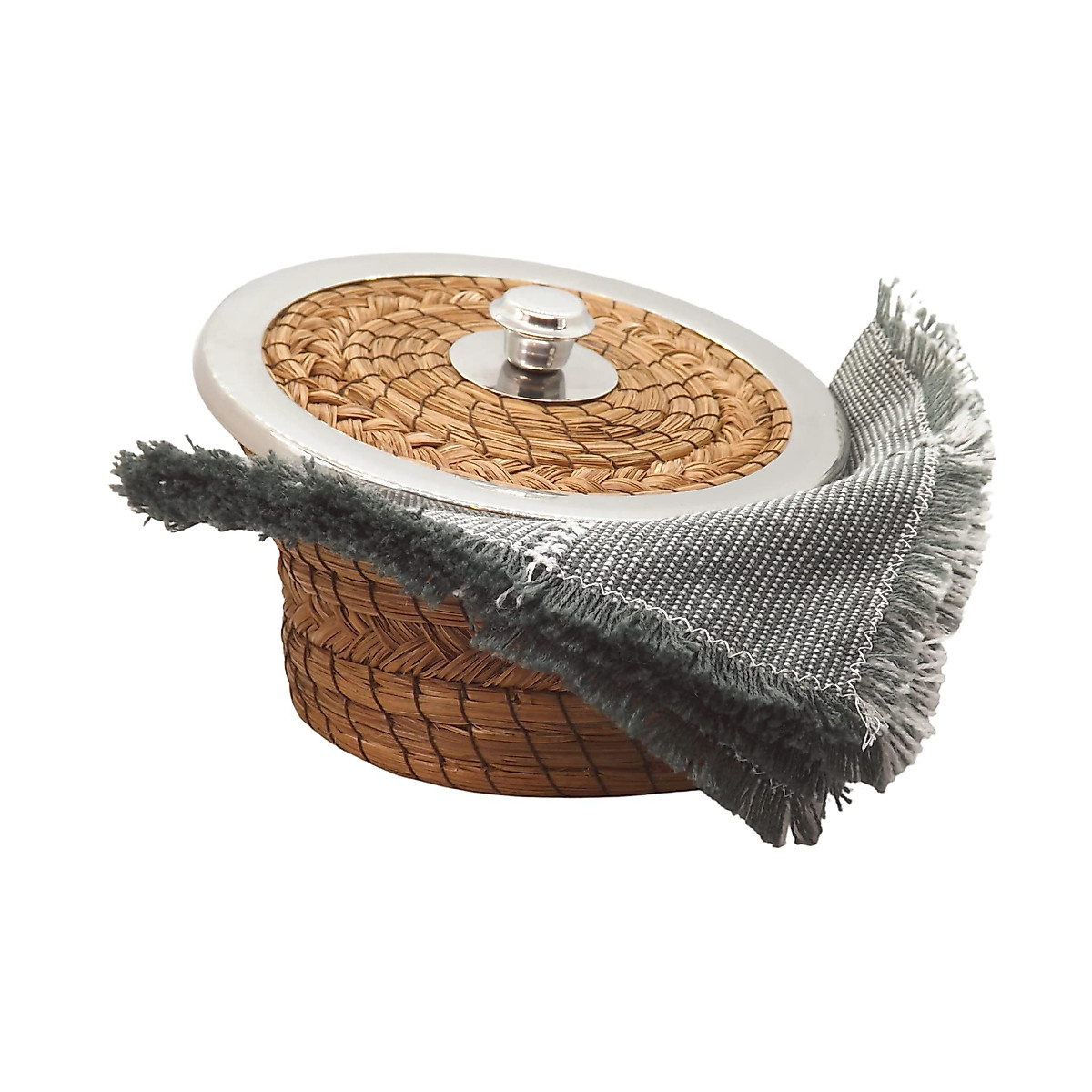 MEXTEQUIL - Authentic Mexican Tortilla Warmer Basket - Pine Needle Handwoven with Handloomed Cloth (Small Metal Rim w cloth)
