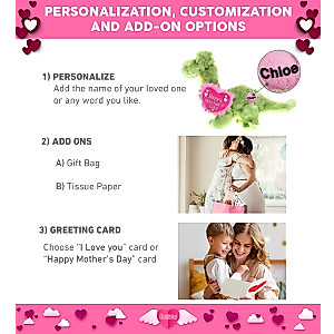 DolliBu Happy Mother's Day Super Soft Plush Green Dinosaur Doll Figure - Cute Stuffed Animal with Pink Heart Message for Best Mommy, Grandma, Wife, Daughter - 10" Inches