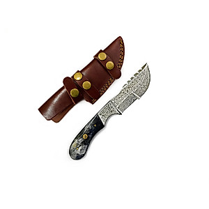 Titan International Knives Damascus Hunting and Camping Knife | Fixed Blade Survival Knive Handmade 1095 4340 Carbon Mix Hand Pounded | Bolster and Dyed Bone Handle with Leather Sheath Perfect for Outdoors