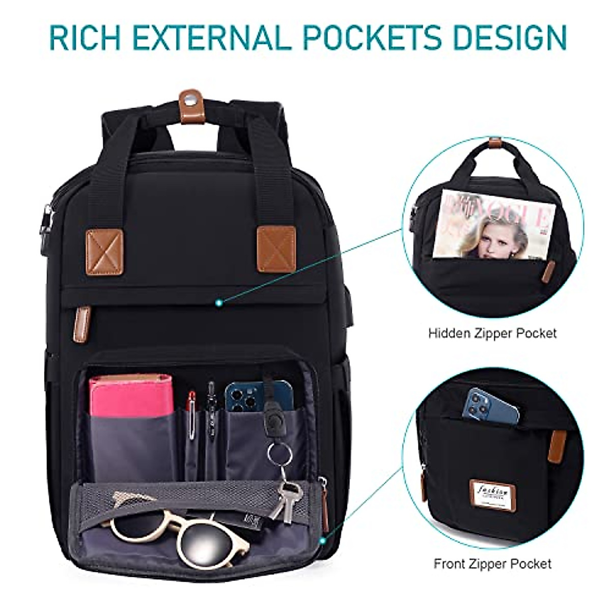 LOVEVOOK Laptop Backpack for Women, 15.6 Inch Anti-Theft Computer Backpack with USB Charging Port, Water Resistant Nurse Cute Bag with Lock, Black