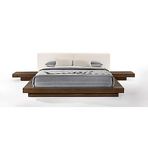 Limari Home Albina Collection Modern Style Bedroom Walnut Veneer Finished Leatherette Upholstered Platform Low Profile Bed, Eastern King, Brown, White
