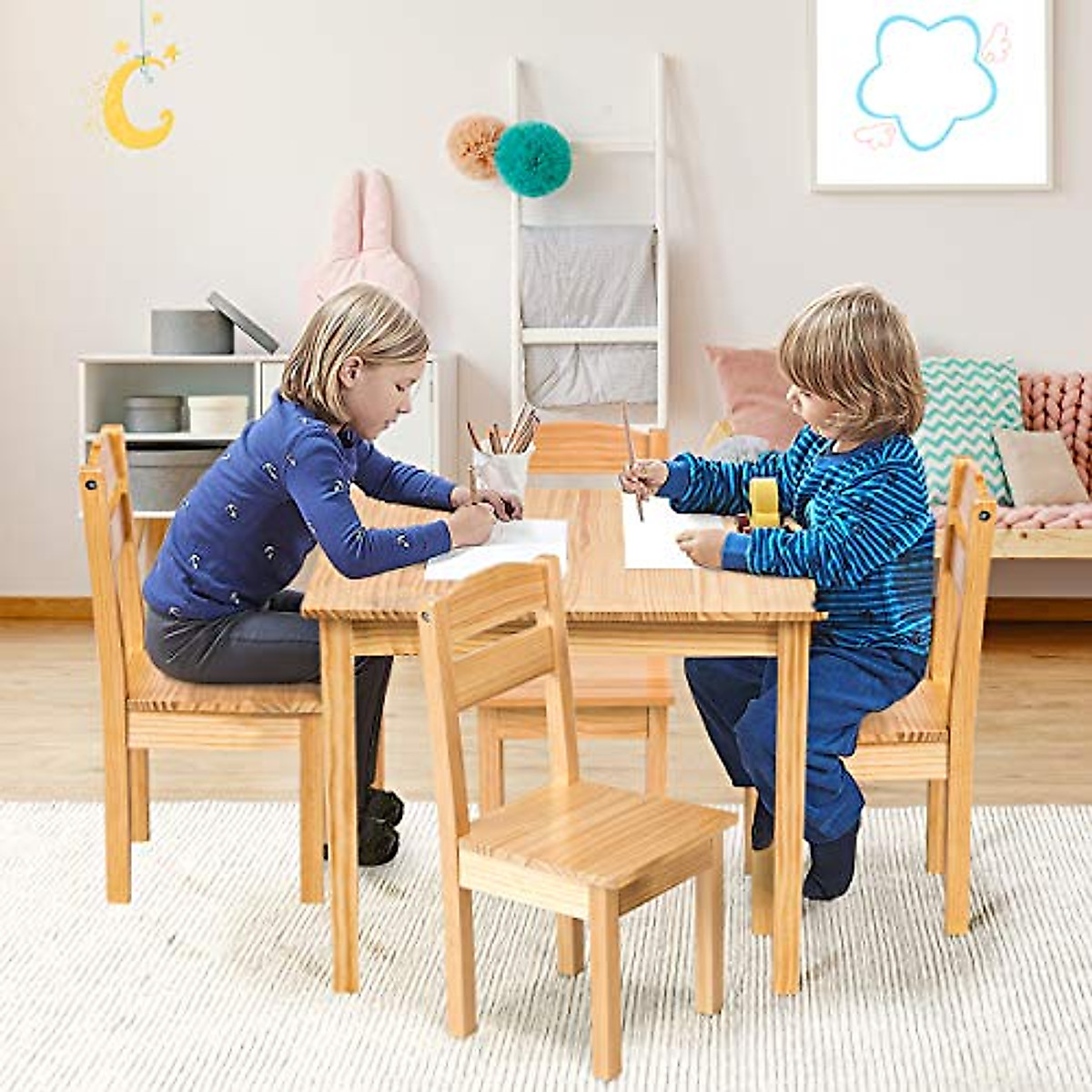 HONEY JOY Kids Wooden Table and Chair Set, 5-Piece Kiddy Sized Activity Table and Chair Set for Crafts Art, Toddler Playroom Furniture Set for Kids Ages 4-8(Natural)