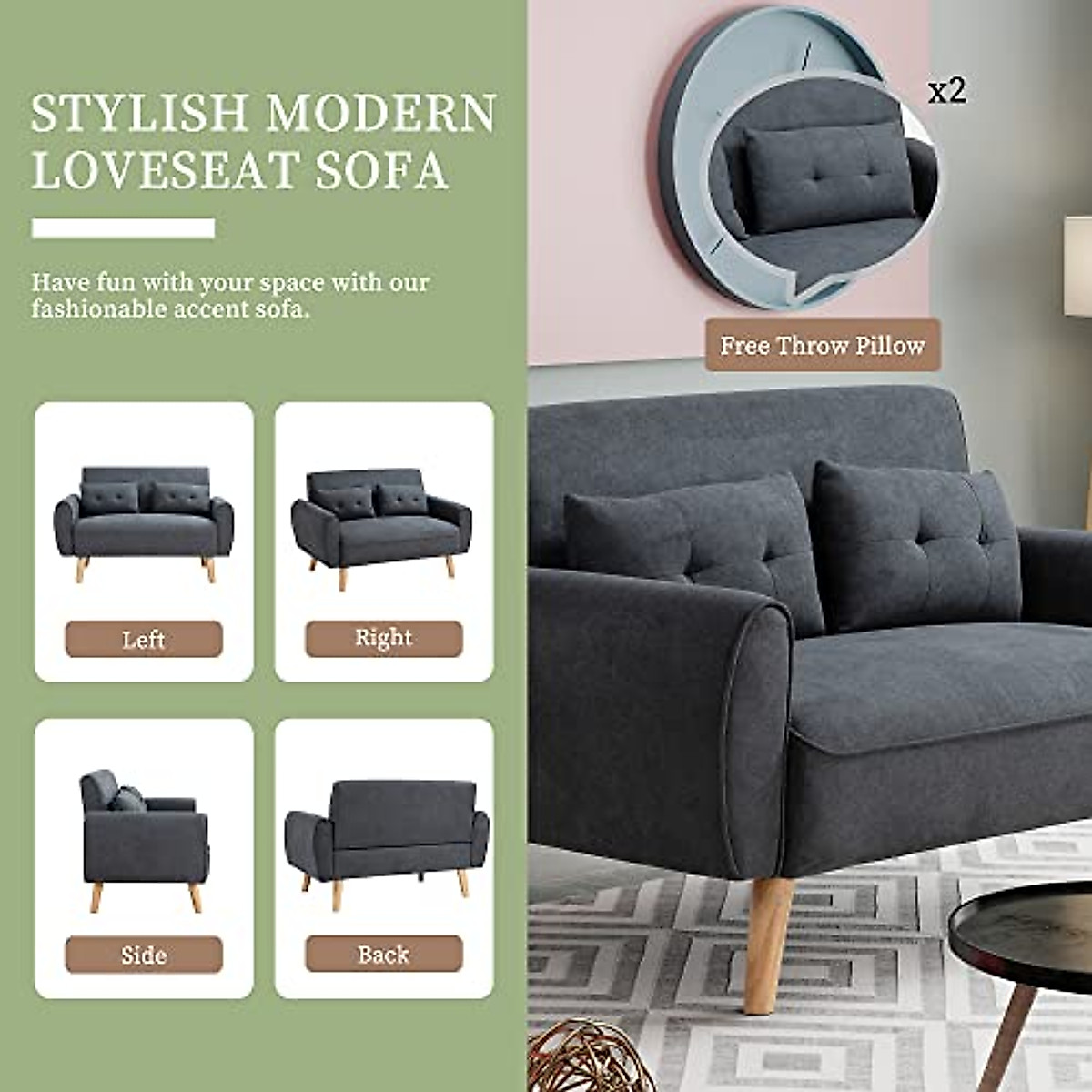 Vongrasig 47" Small Modern Loveseat Sofa, Mid Century Linen Fabric 2-Seat Sofa Couch Tufted Love Seat with Back Cushions and Tapered Wood Legs for Living Room, Bedroom and Small Space (Dark Gray)