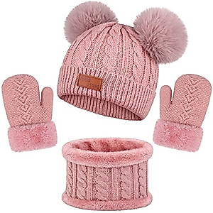 Cooraby 3 Pieces Toddler Winter Knitted Hat Scarf Gloves Set Knit Fleece Lined Thermal Set for Boys Girls, Coral