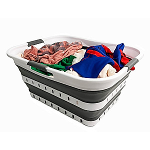 SAMMART Collapsible Plastic Rectangular Laundry Basket - Foldable Pop Up Storage Container/Organizer - Portable Laundry Hamper - Space Saving (White/Steel Grey, 42L)