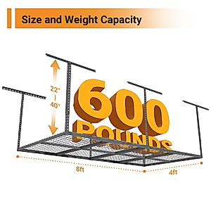 eShelf 4ftx8ft Overhead Garage Storage Rack, Heavy-Duty Metal Garage Ceiling Storage Rack, 22''-40" Adjustable Ceiling Drop-Down, 600 lb. Loading Weight Capacity, Hammertone