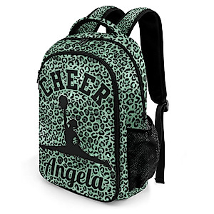 Anneunique Custom Cheerleader Backpack Custom Multifunctional Waterproof Laptop Bag for Travel Gift Leopard Print Green Cheer