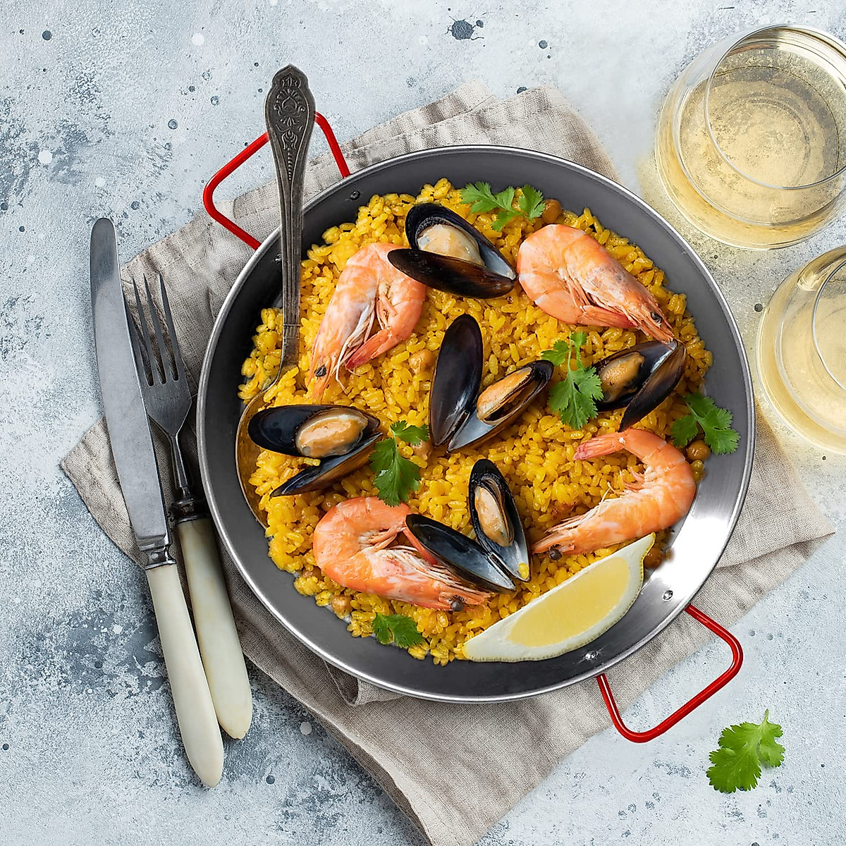 Gourmanity 12 inch Carbon Steel Paella Pan, 30cm Polished Steel Large Skillet From Spain, Great for Paella Parties Indoors, Outdoors, Camping & More, Imported Spanish Paellera, Made by Garcima