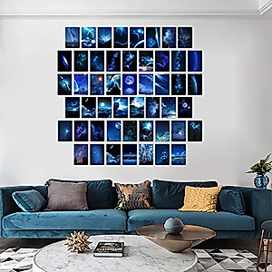 HZSYF Blue Photo Wall Collage Kit - Galaxy Stars Wall Art Space Posters Pictures Aesthetic Room Decor for Boys Girls Bedroom Dorm Nature Nebula Starry Night Universe Artwork 50 Set 4x6inch UNFRAMED