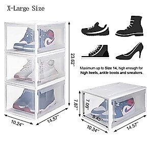 Homde Shoe Boxes Stackable Shoe Storage Rack White Frame with Clear Drawer, 3 Pack Large Size and 3 Pack X-Large Size