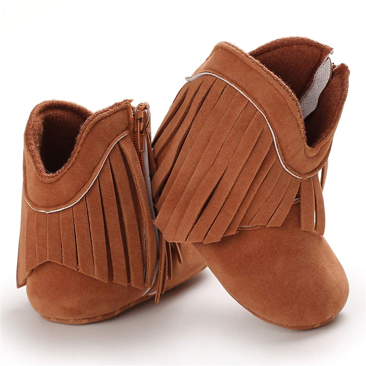 Timatego Baby Girl Cowboy Tassel Boots Side Zipper Non Slip Stay On Booties Infant Toddler First Walker Warm Winter Crib Shoes 3-18 Months, Baby Girl Boots 3-6 Months Infant, 02 Brown