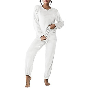 Ekouaer Women Fleece Pajama Sets Long Sleeve Tops and Pants PJ Sets Joggers Plush Loungewear Sleepwear White Large