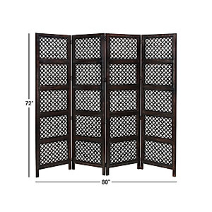 Deco 79 Wood Floral Handmade Hinged Foldable Partition 4 Panel Room Divider Screen with Intricately Carved Designs, 80" x 1" x 72", Brown