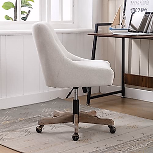 Swivel Home Office Chair, Modern Fabric Upholstered Tufted Accent Computer Desk Chair with Ergonomic Wide Backrest and Wooden Legs, Height Adjustable Swivel Vanity Chair for Office, Beige