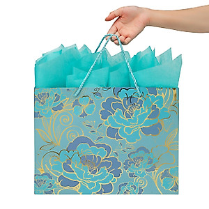 13" Large Rose Green Gift Bag Set with Greeting Card and Tissue Paper(Foil Traced Flowers) for Celebrating Birthdays, Valentine's Day, Weddings, Anniversaries, Mother's Day- 13”x5.2”x10.2”,1 Pcs.
