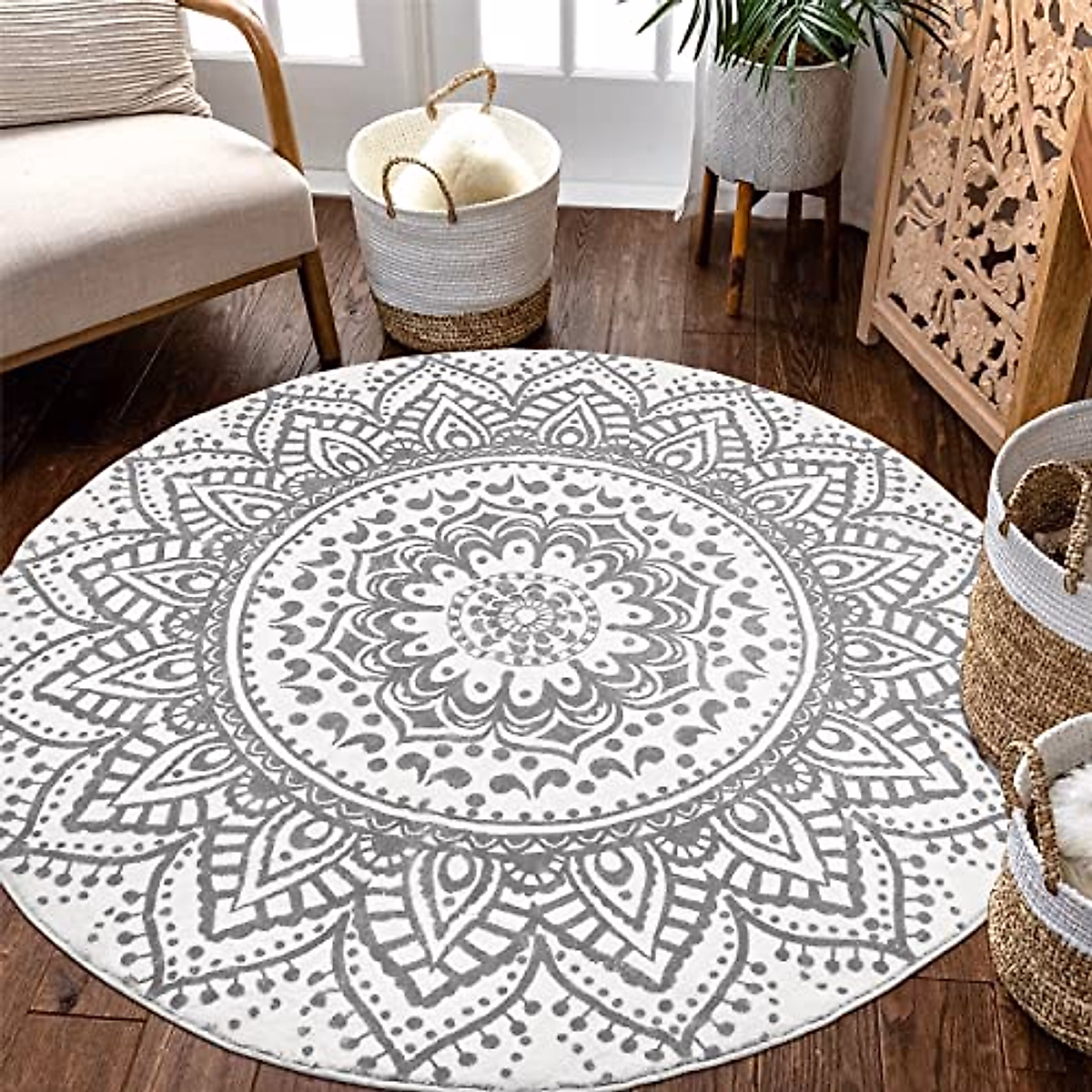 HEBE 4 Ft Round Area Rug Soft Chic Bohemian Mandala Rugs Machine Washable Non Slip Indoor Sofa Floor Area Mat Carpet for Living Room Sofa Bedroom Nursery Decor, Grey