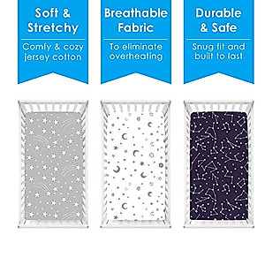 GROW WILD Crib Sheets for Boys or Girls | 3 Pack Soft Stretchy Jersey Cotton Fitted Crib Sheet Neutral | Grey White Navy Blue Baby Crib Sheets for Girl, Crib Mattress Sheet or Toddler Bed Sheets