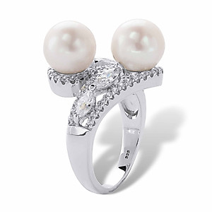 PalmBeach Jewelry Gold-Plated or Sterling Silver Round Genuine Cultured Freshwater Pearl with Marquise Cubic Zirconia Bypass Ring Size 9