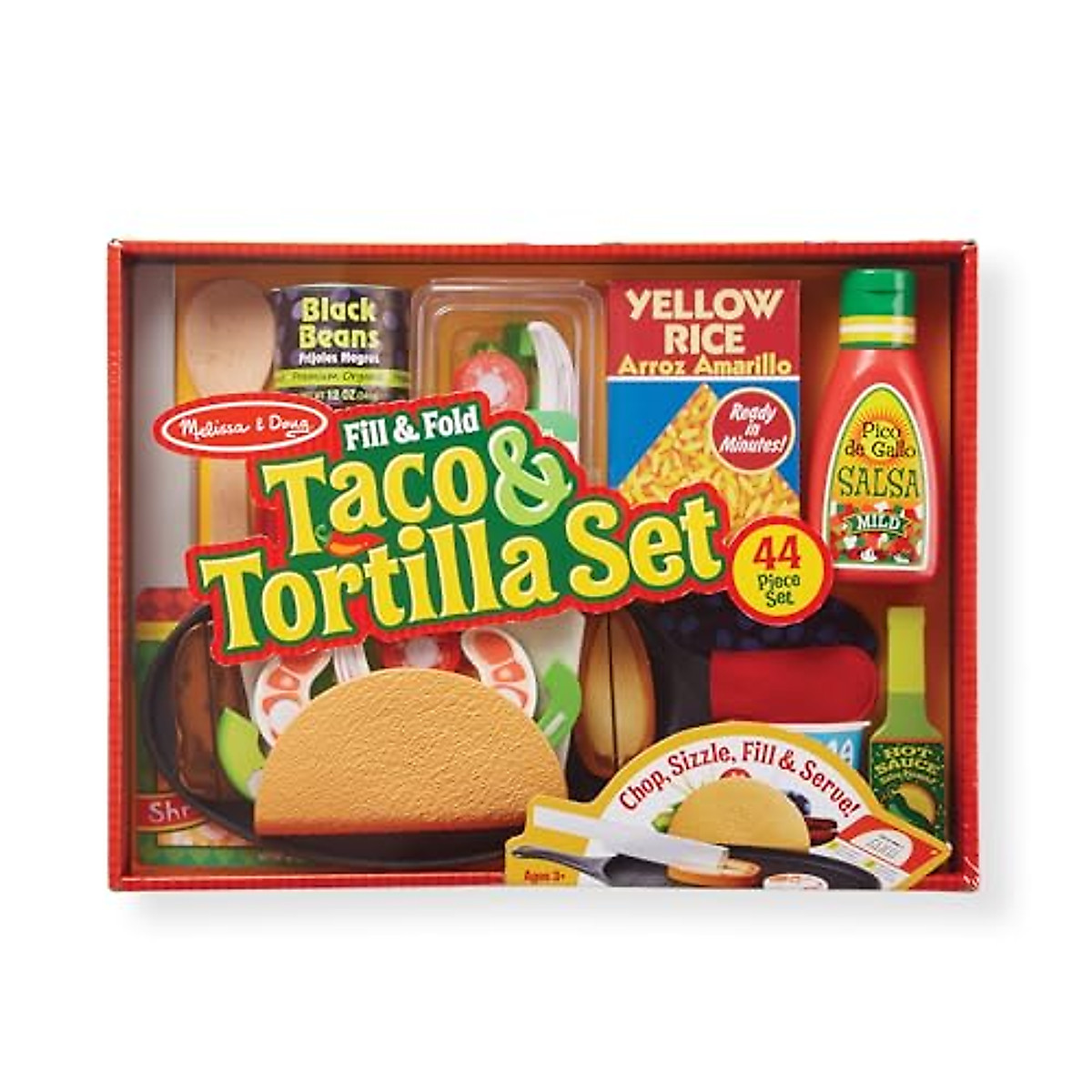 Melissa & Doug Fill & Fold Taco & Tortilla Set, 43 Pieces – Sliceable Wooden Mexican Play Food, Skillet, and More - FSC Certified